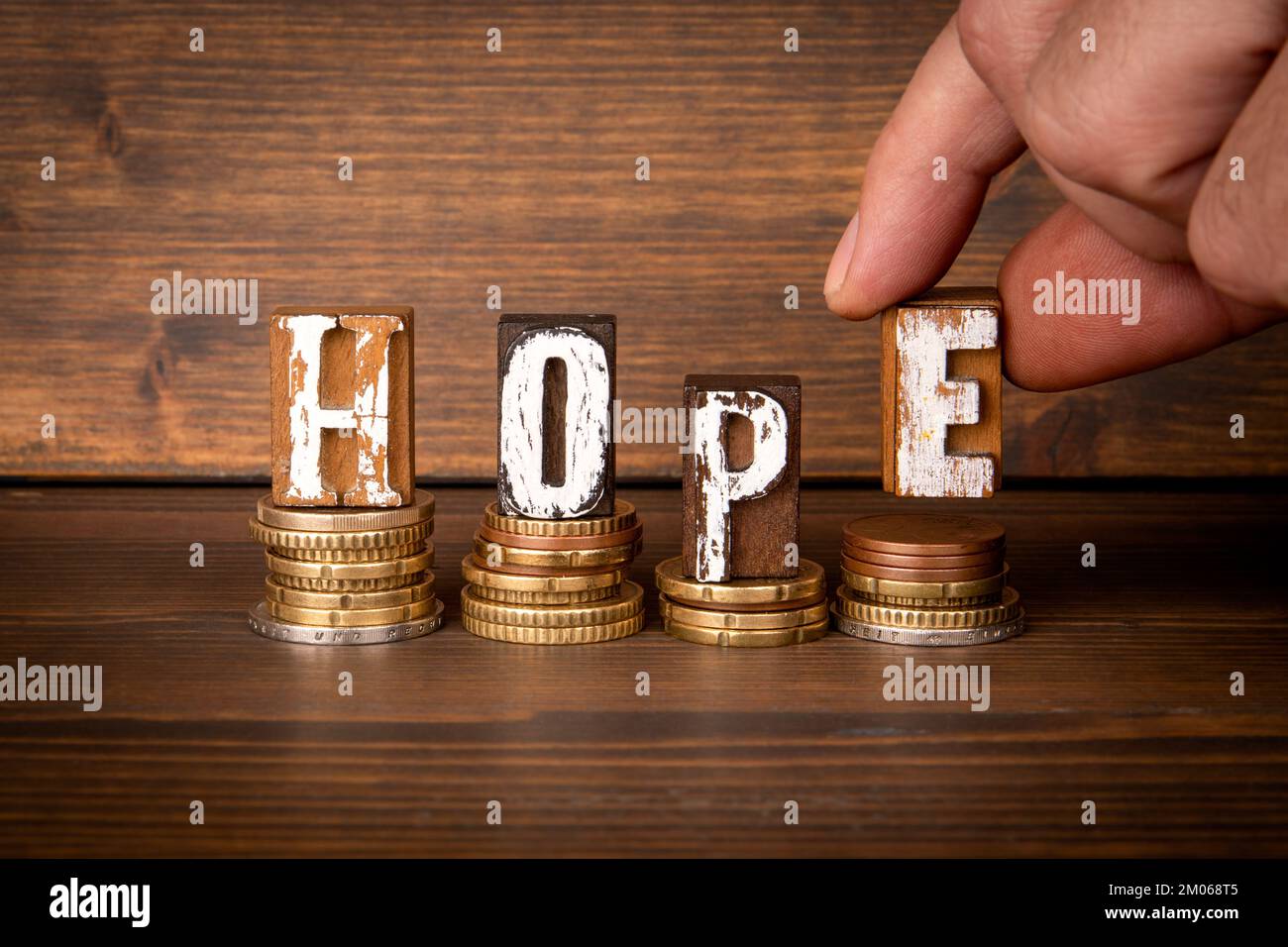 Hope. Change and alphabet letter blocks on wood texture background ...