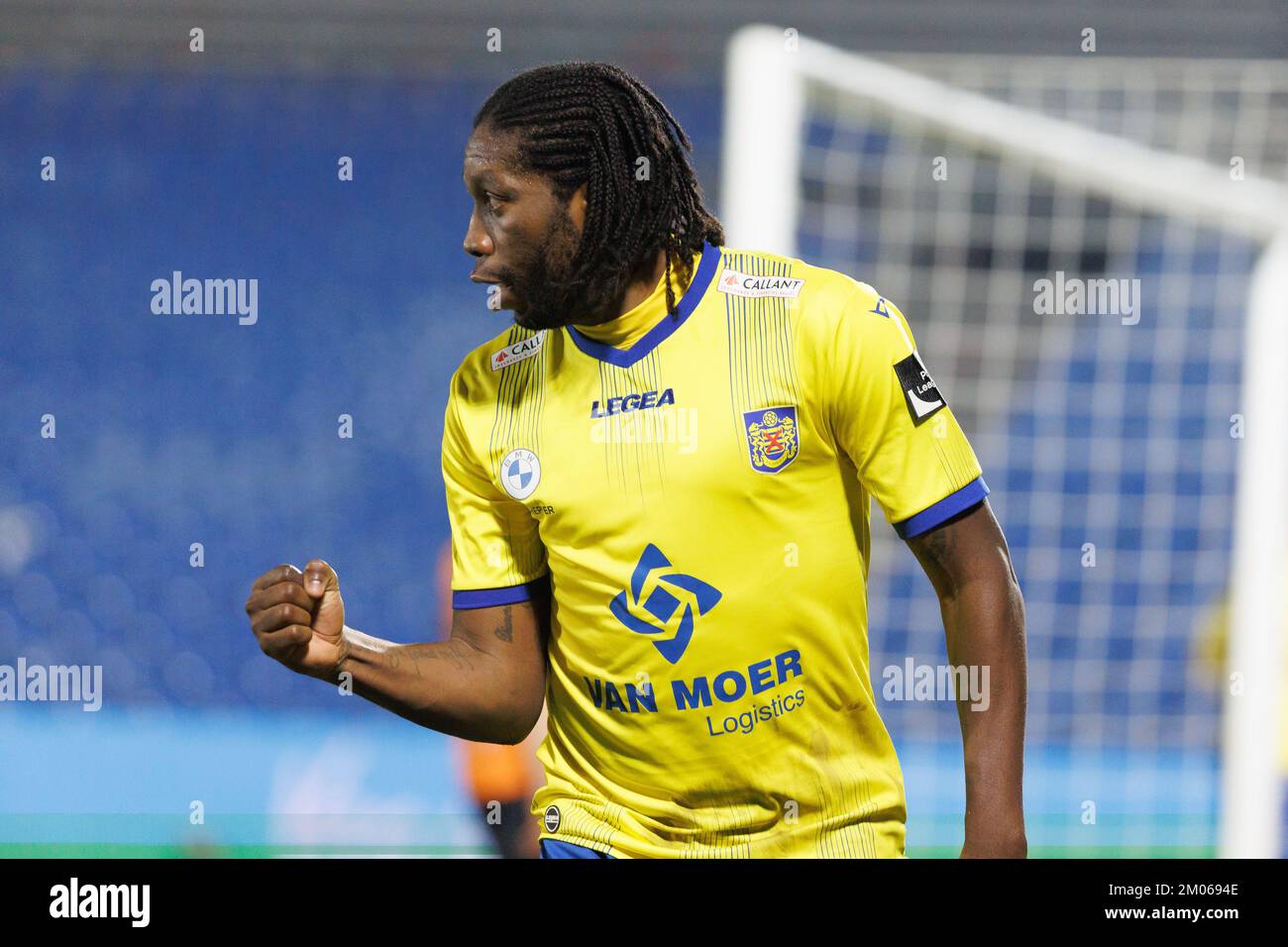 Beveren's Dieumerci Mbokani celebrates after scoring during a soccer ...