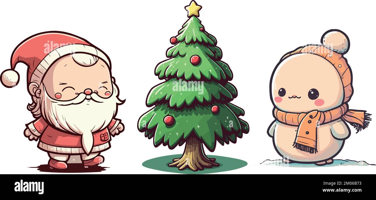 Vector cartoon santa, christmas tree and snowman Stock Vector Image ...