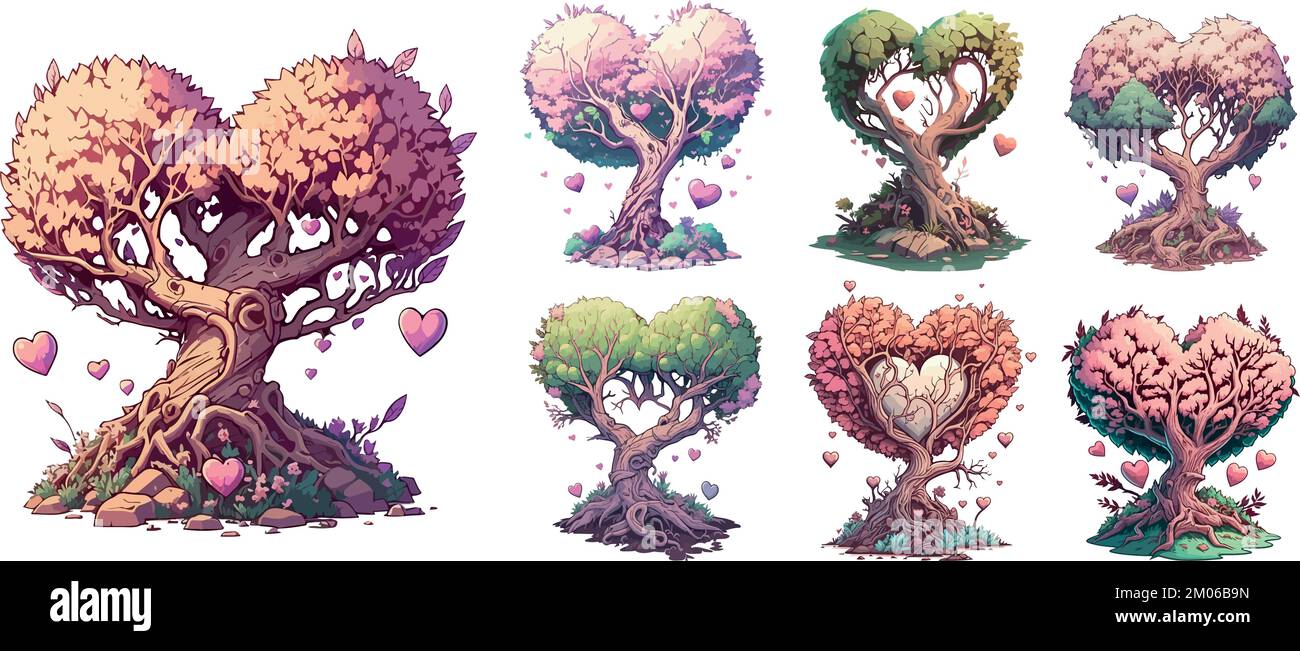 Vector heart shaped cartoon trees set, valentines day Stock Vector ...
