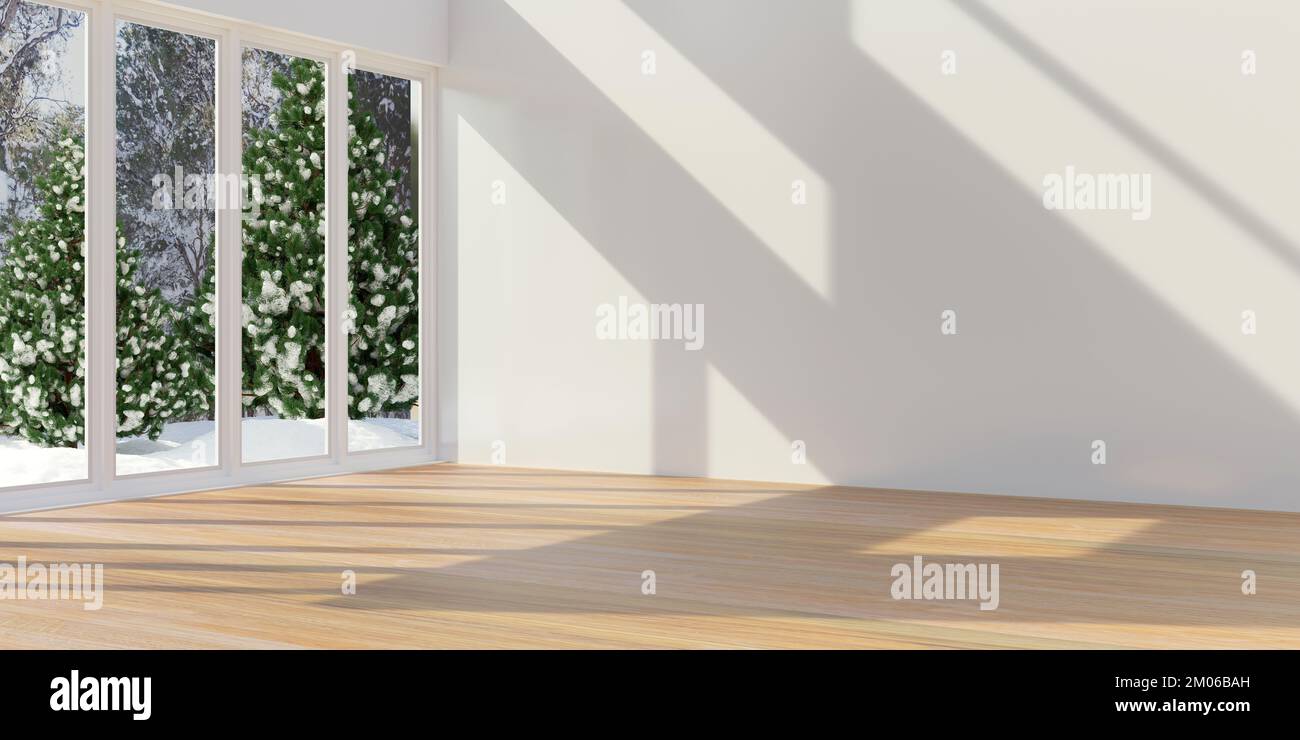 Empty room interior background. Snowy garden trees out of window, white ...