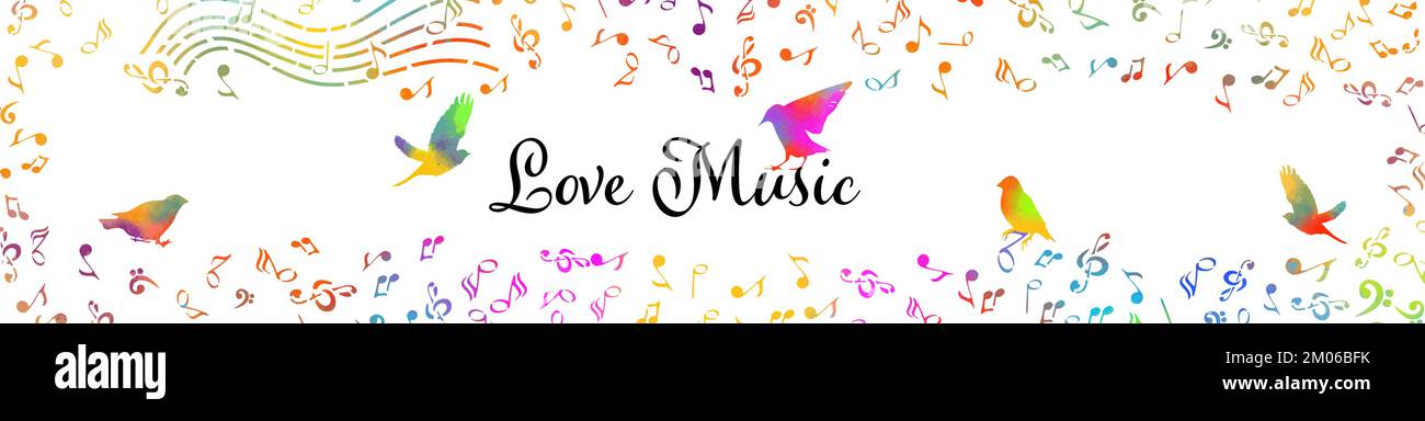music notes and birds horizontal frame background. Vector illustration ...