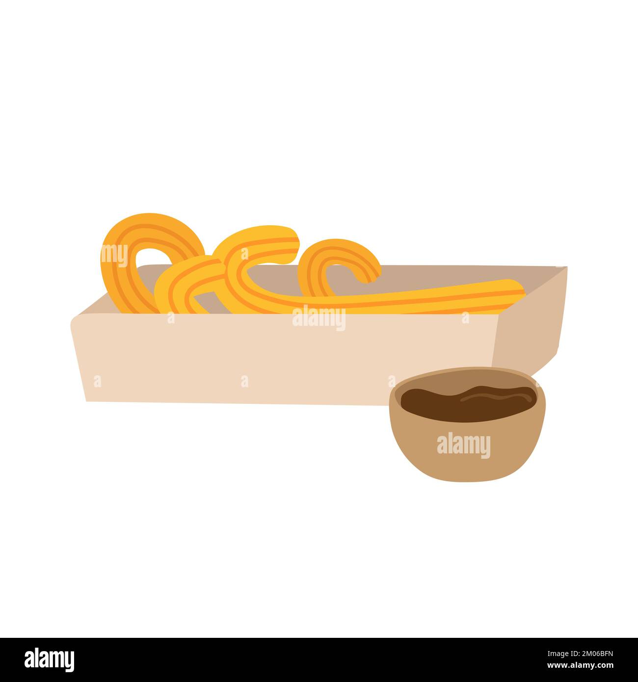 Sweet homemade churros in paper packaging with chocolate dipping sauce ...