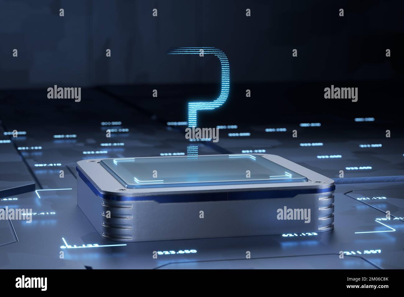 Question mark on a holographic display. FAQ concept. 3d render Stock ...