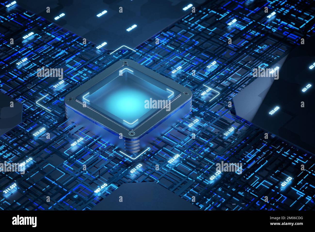 Neurochip. Close-up view of a modern GPU card with circuit and colorful lights and details ...