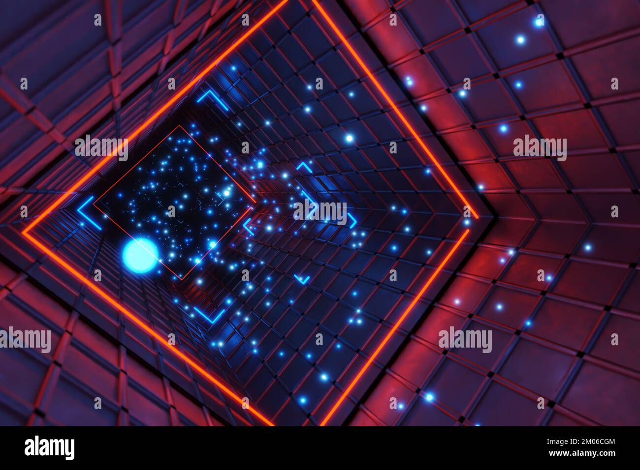 Square blocks are assembled into a cubic array against the background of information fields. 3D ...