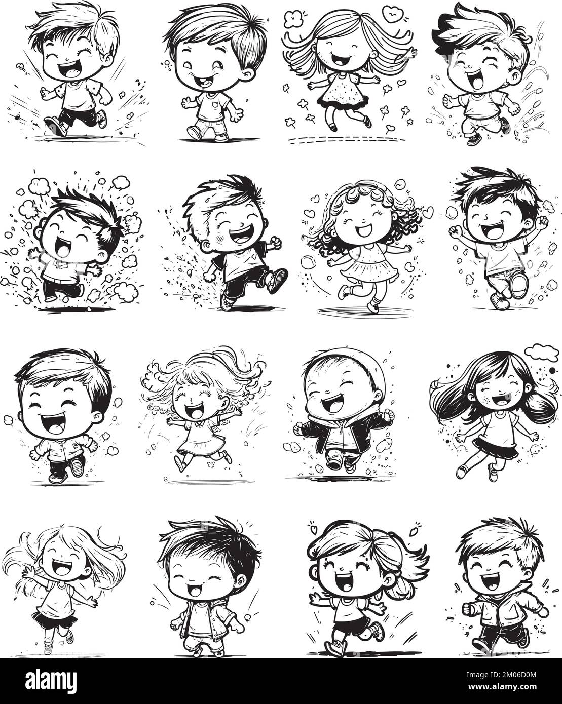 Happy kids, set of cute black and white vector cartoon, smiling faces ...