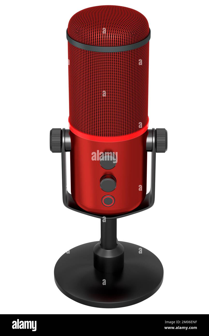 3D rendering of red studio condenser microphone isolated on white ...
