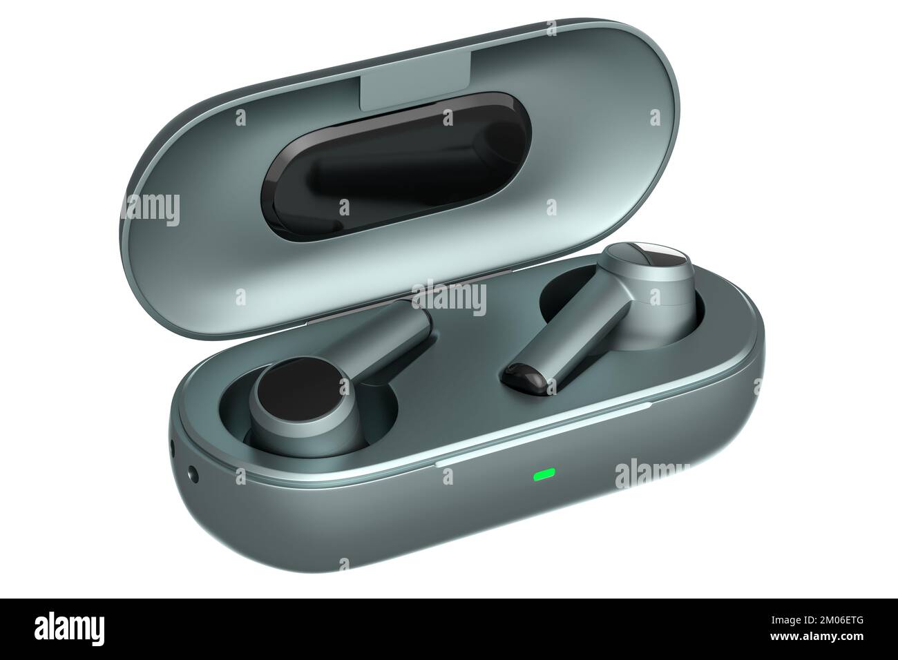 3D rendering of wireless earphones in base box on white background ...