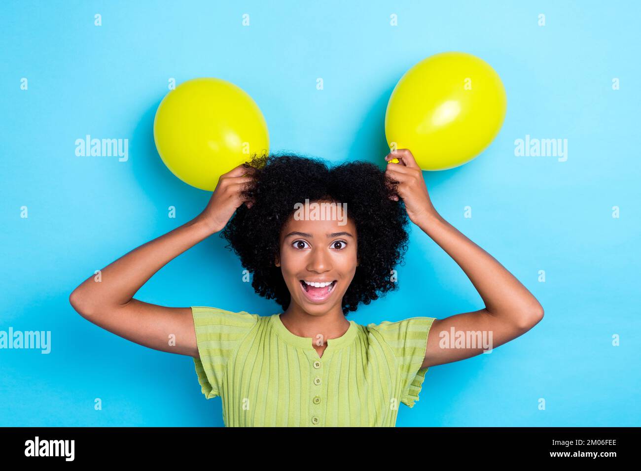 Closeup photo of funny excited girlish teenager schoolgirl wear green t ...