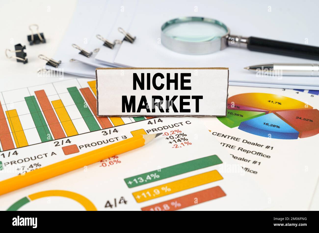 Business concept. On the business charts lies a magnifying glass, a pen ...