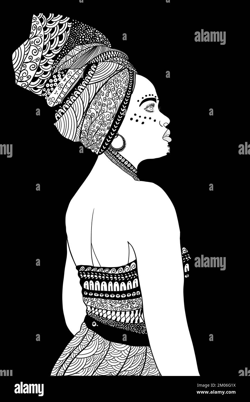 Hand-drawn woman pattern. Mandala design vector illustration. Black and ...