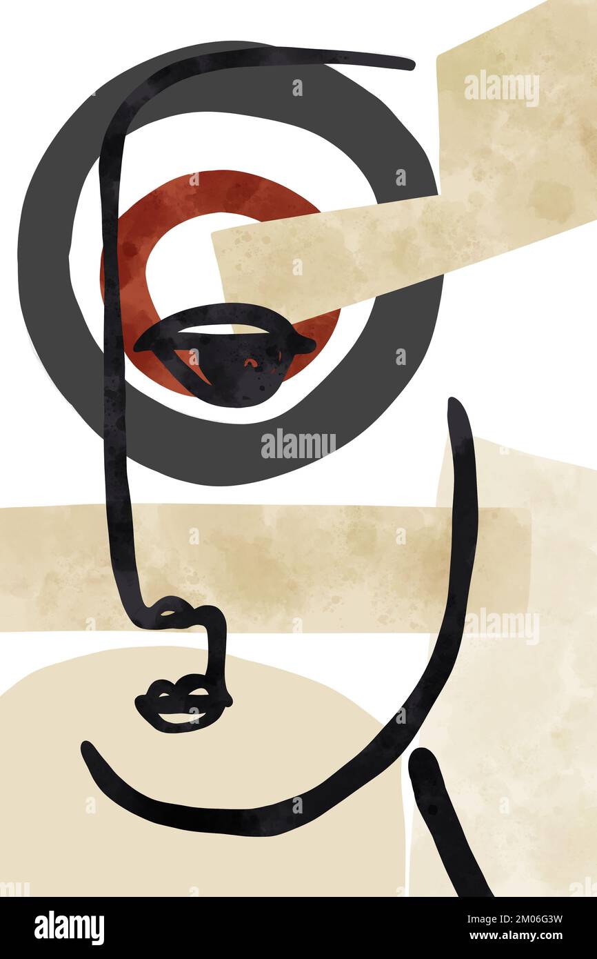 Hand drawn abstract face, Red and beige geometric shapes minimal design ...