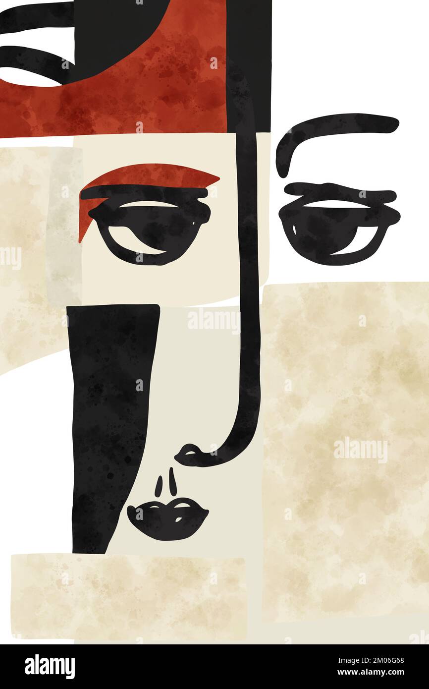 Hand drawn abstract face, Red and beige geometric shapes minimal design ...