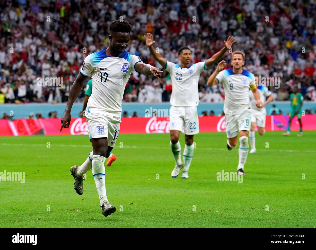 England's Bukayo Saka celebrates scoring their side's third goal of the ...