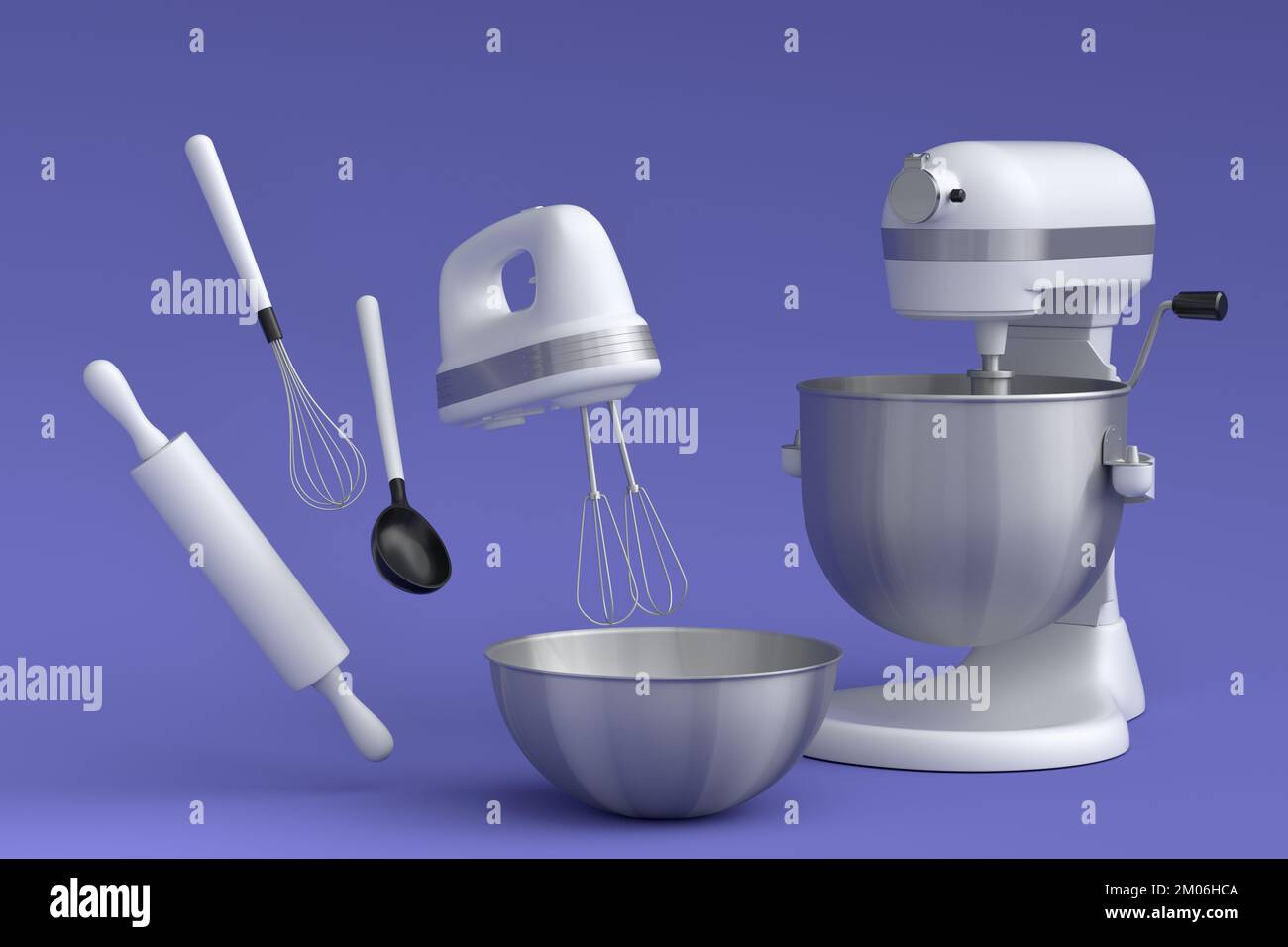 Mixer and metal bowl with kitchen utensil for preparation of dough on ...