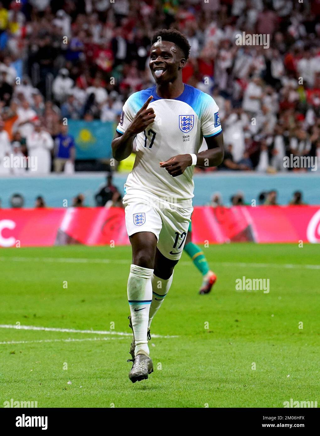 England's Bukayo Saka celebrates scoring their side's third goal of the ...