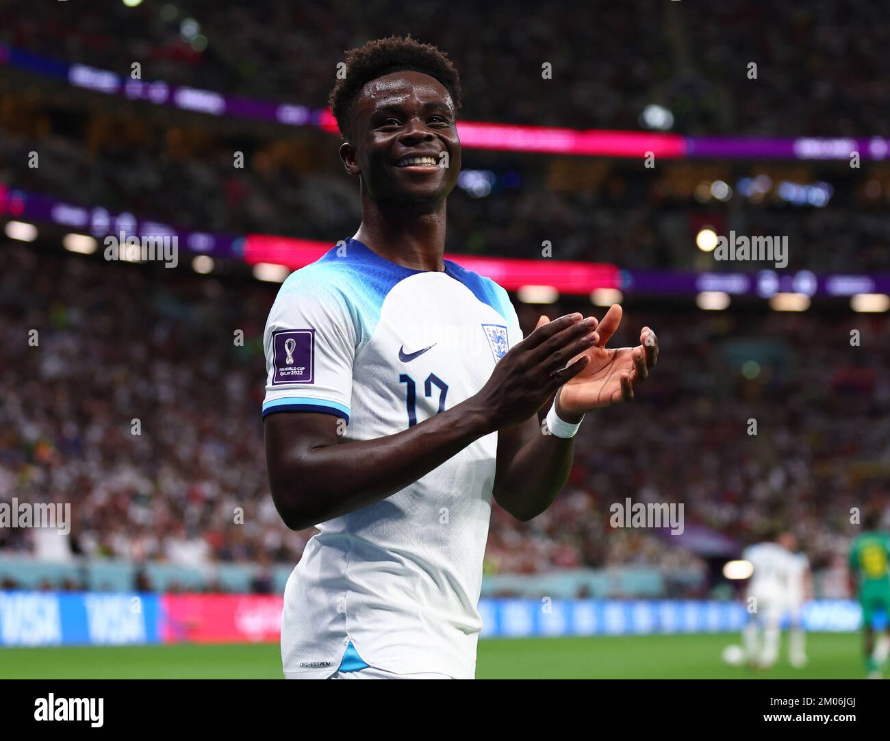 Al Khor, Qatar. 4th Dec, 2022. Bukayo Saka of England all smiles as he ...
