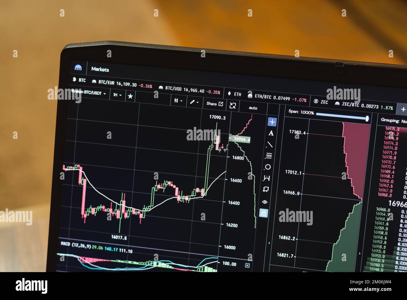 Live chart BTC/USDT on Kraken cryptocurrency exchange on a laptop's ...