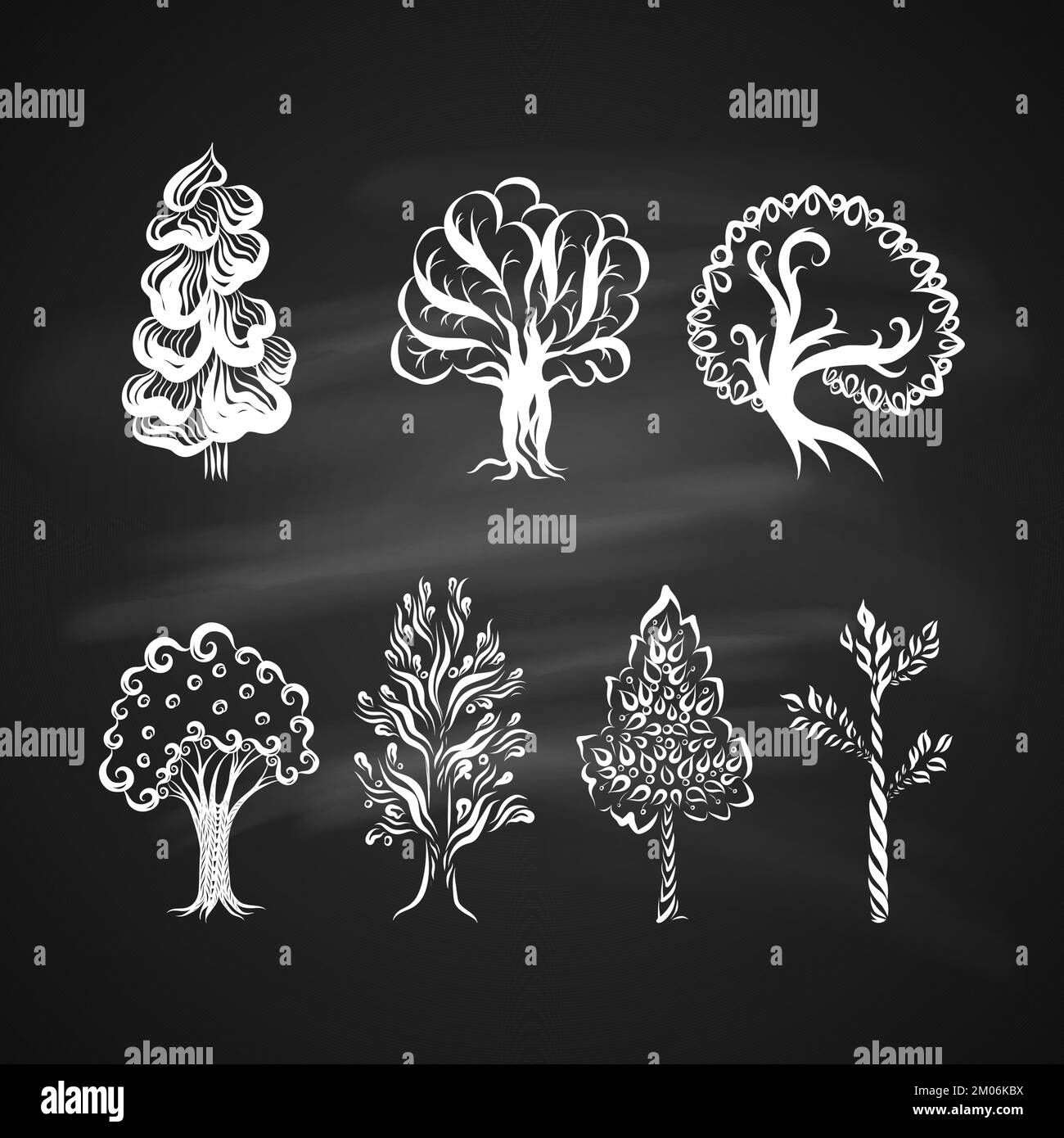 Chalk Drawing of Collection of Silhouettes of Decorative Trees ...