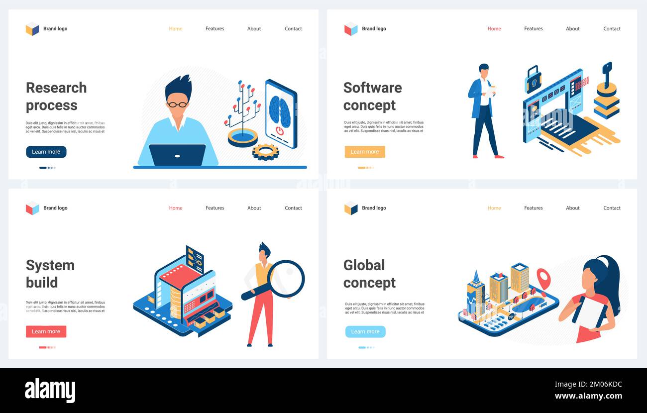 Software development, research process of building global system set vector illustration ...