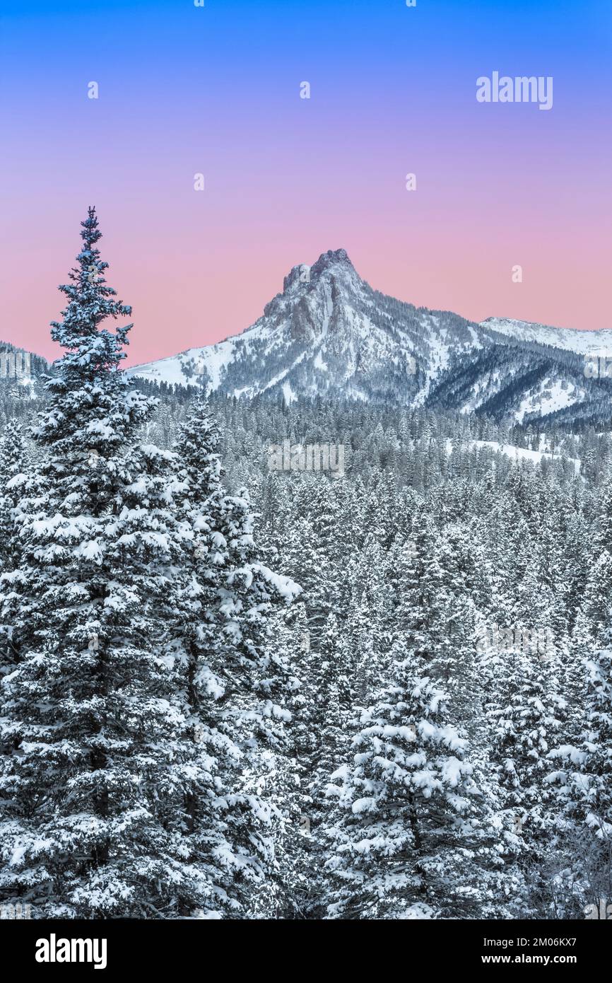 pre-dawn sky over ross peak in the bridger range in winter near bozeman ...