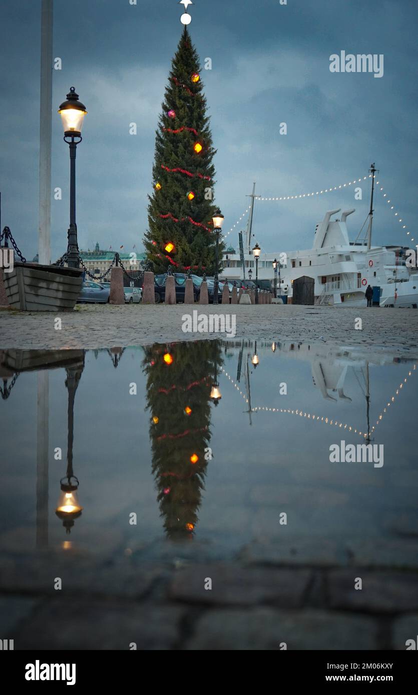 View of christmas tree by sea against sky Stock Photo - Alamy