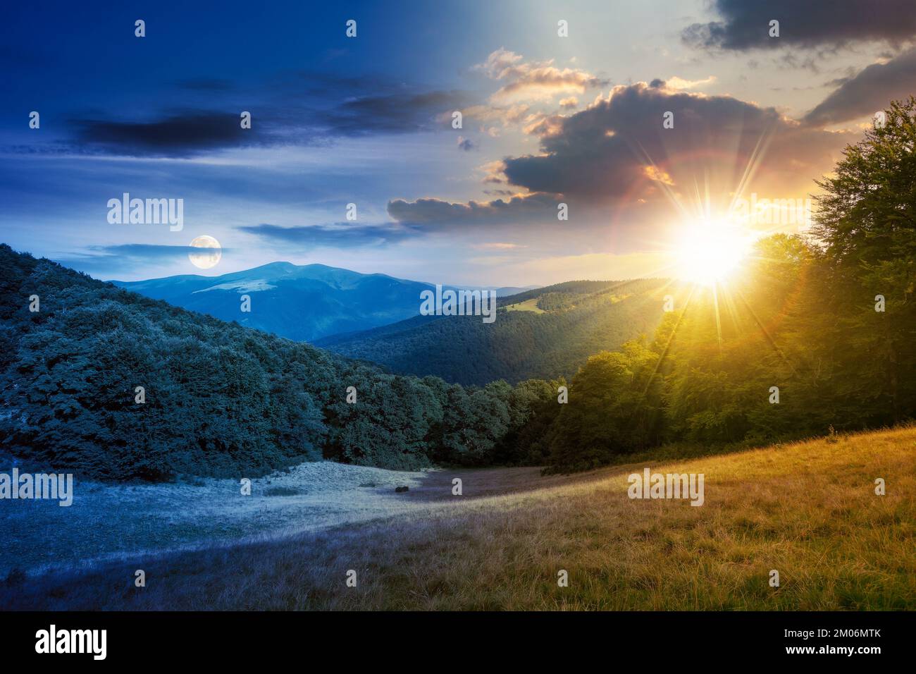 green pasture on the hillside at twilight. day and night time change ...