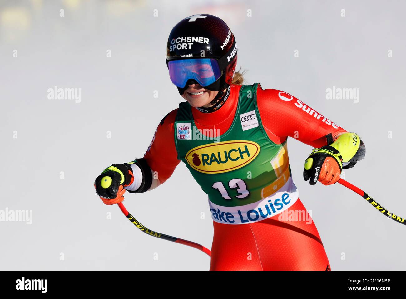 Switzerland's Corinne Suter reacts in the finish area following her run ...