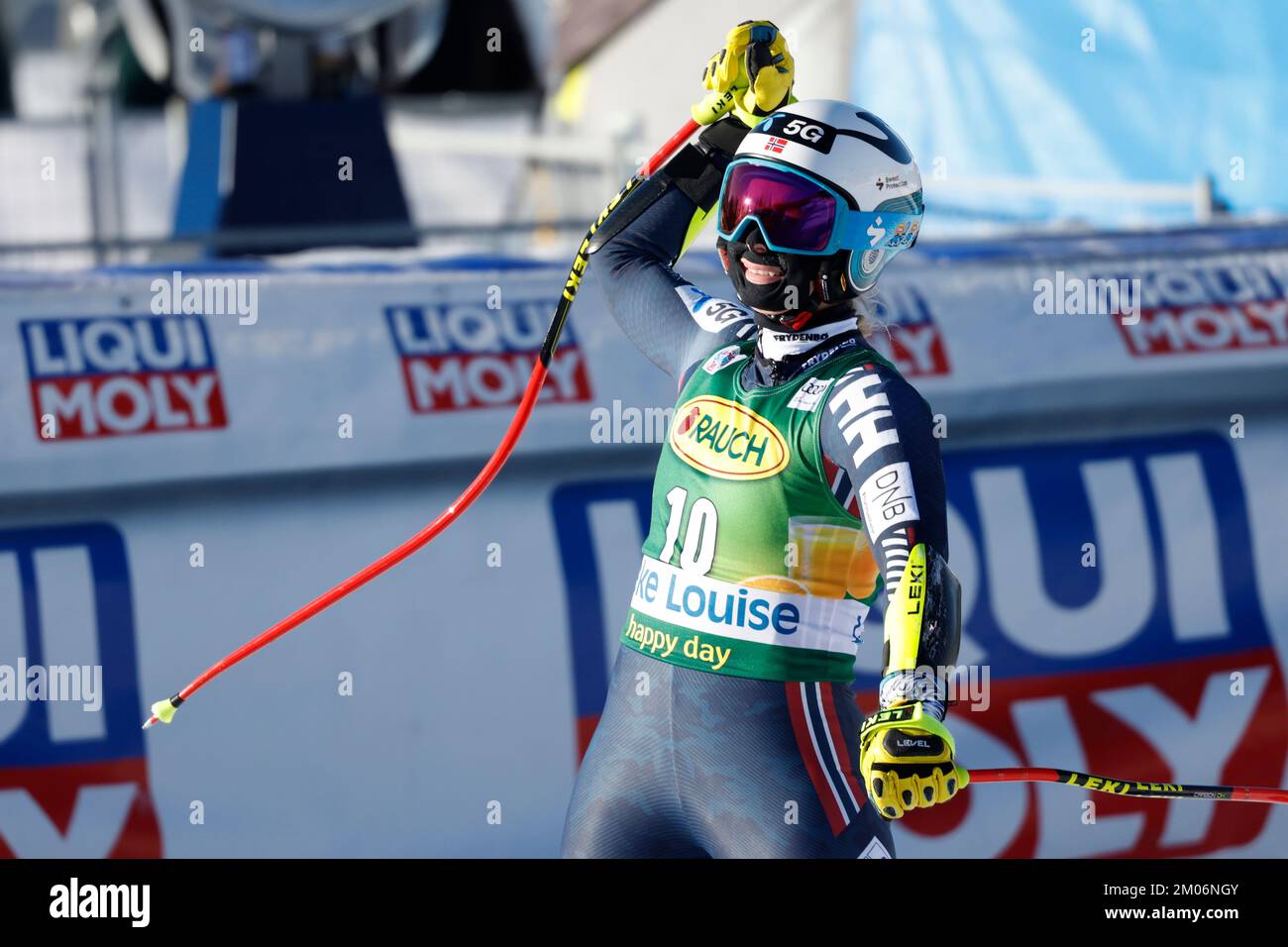 Italy's Sofia Goggia reacts in the finish area following her run in the women's World Cup super ...