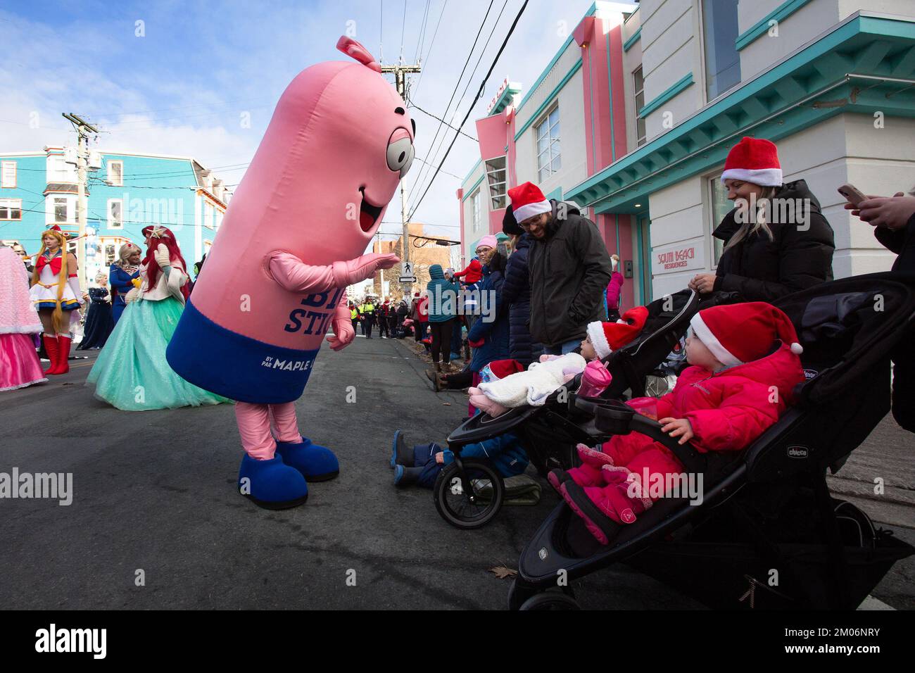 The Maple Leaf Big Stick Balogna interacts with a people during the St ...