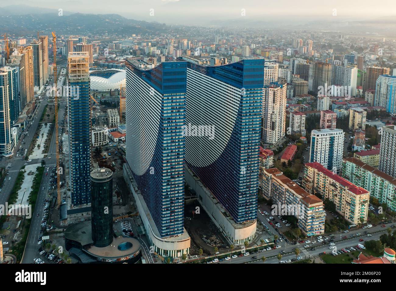 Aerial view of modern towers skyscrapers hotels and cityscape of Batumi ...