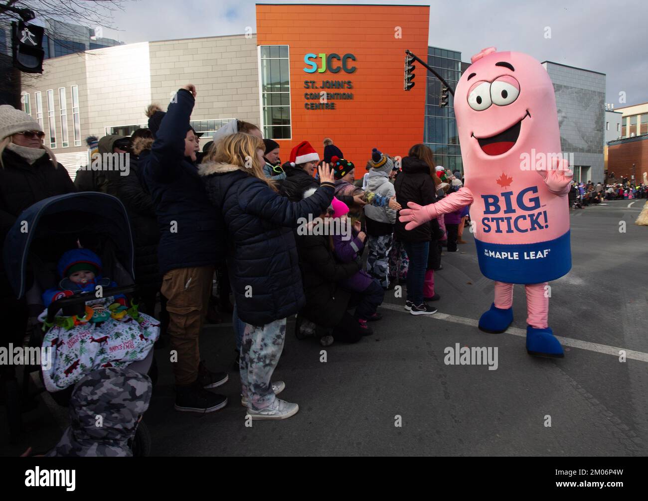 The Maple Leaf Big Stick Balogna interacts with a people during the St ...