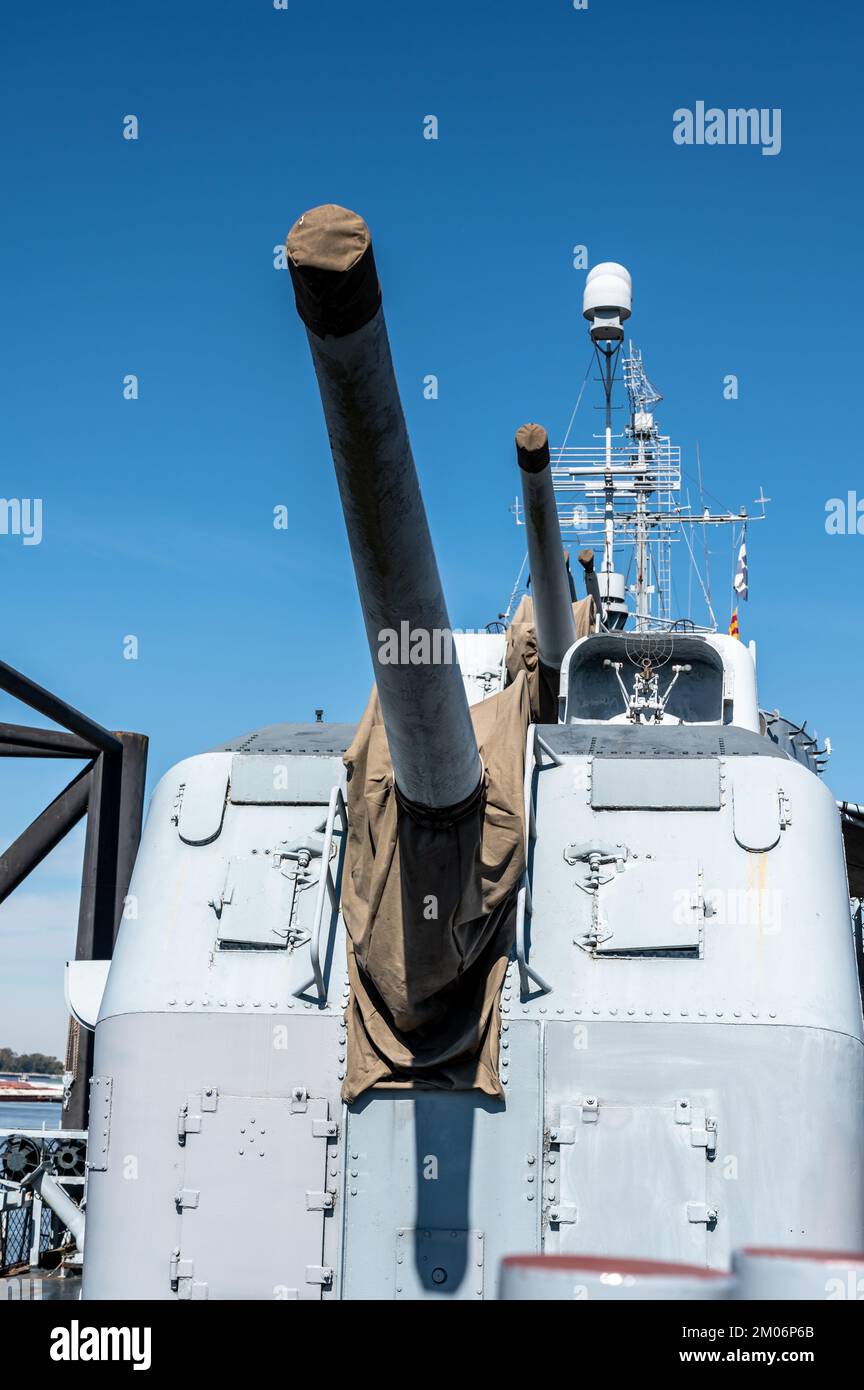 Baton Rouge, Louisiana, USA - 11.2022 - Main guns onboard the USS Kidd ...