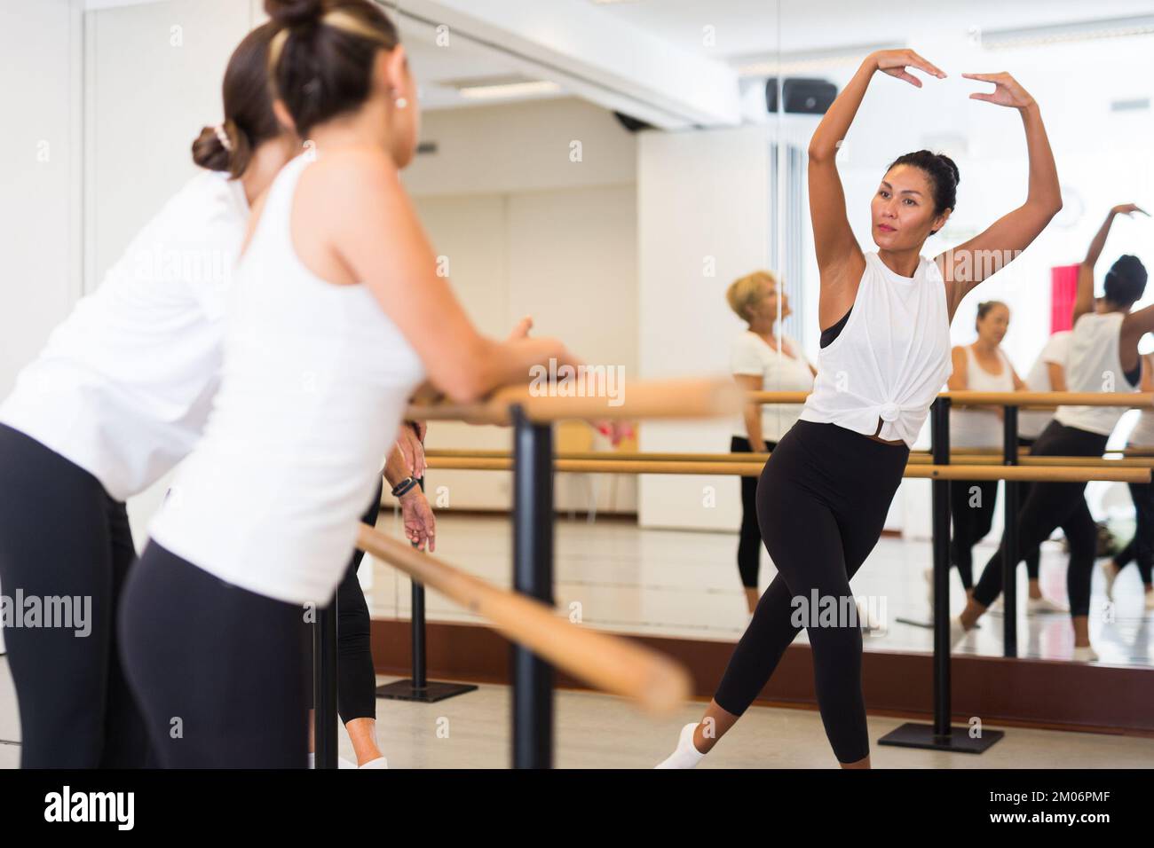 Ballet teacher demonstrates dance moves to students of school Stock ...