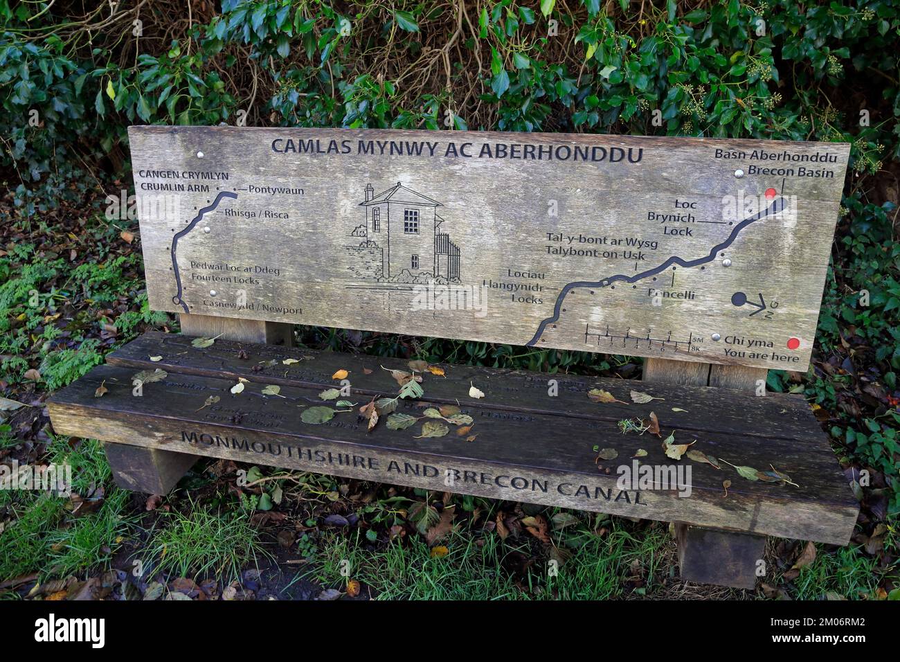Bench with map of Monmouthshire and Brecon Canal. Camlas Mynwy ac ...