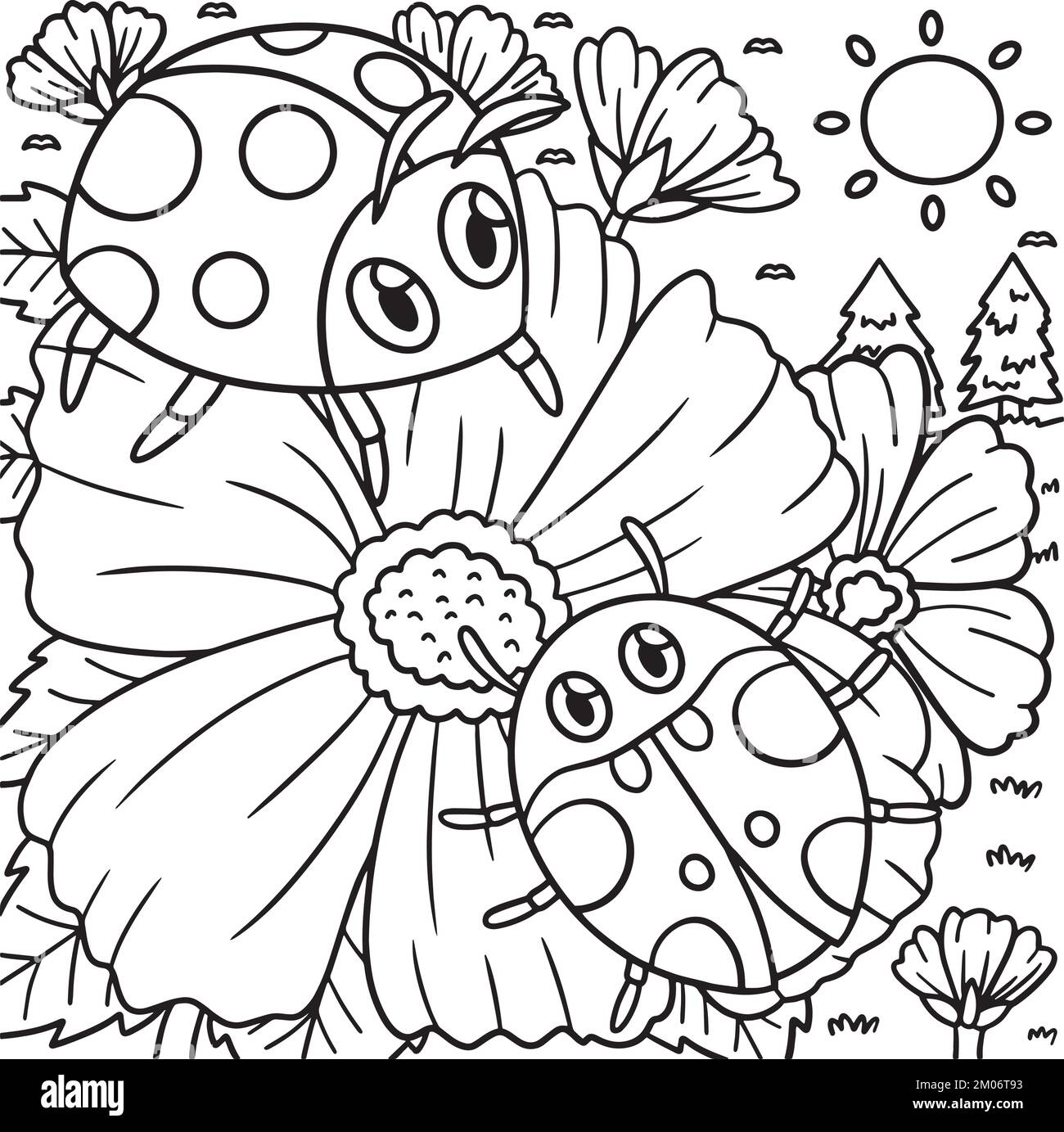Spring Ladybugs On Flower Coloring Page for Kids Stock Vector Image ...