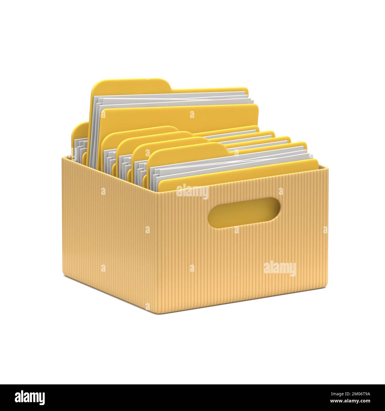 Cardboard box with yellow folders 3D rendering illustration isolated on ...