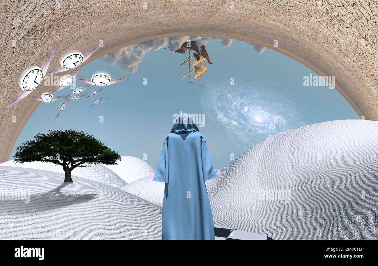 Surreal white desert with figure in cloak. Ancient ship in the sky ...