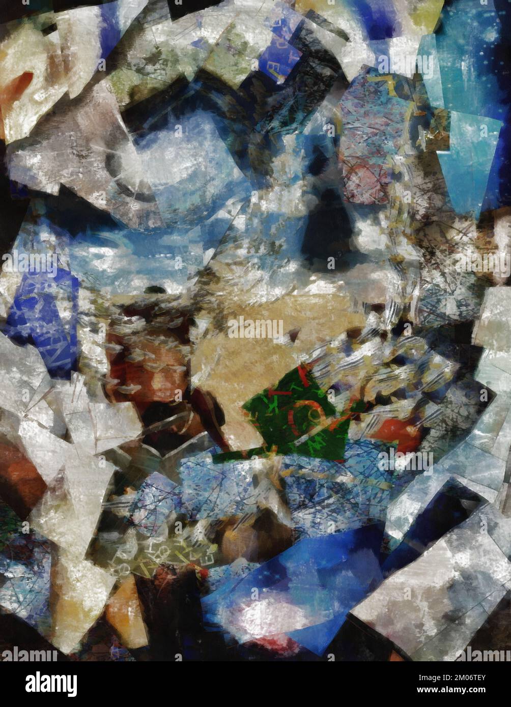 Complex abstract painting. Vortex of fishes and man's face. Overlapping ...