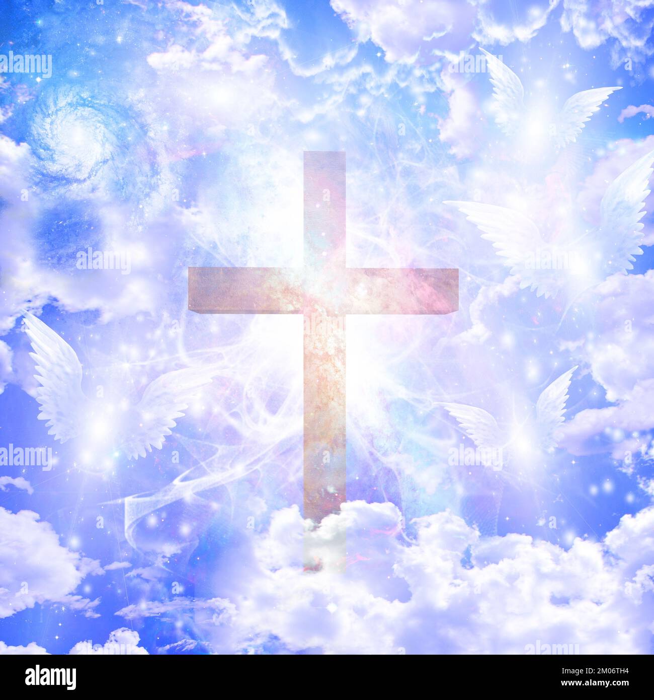 Cross and angelic forms. 3D rendering Stock Photo - Alamy