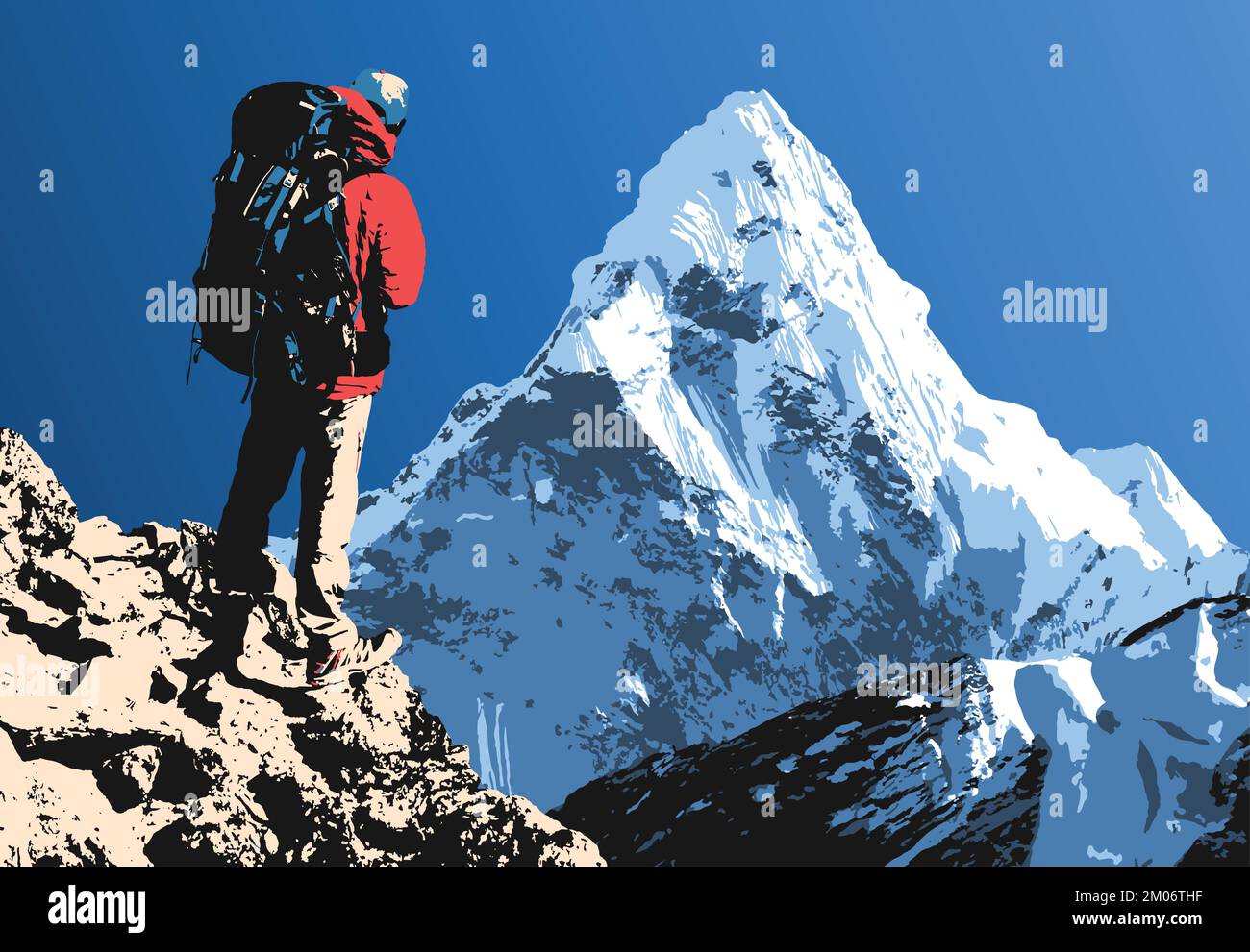 Mount Ama Dablam with hiker, mountain vector illustration Stock Vector ...
