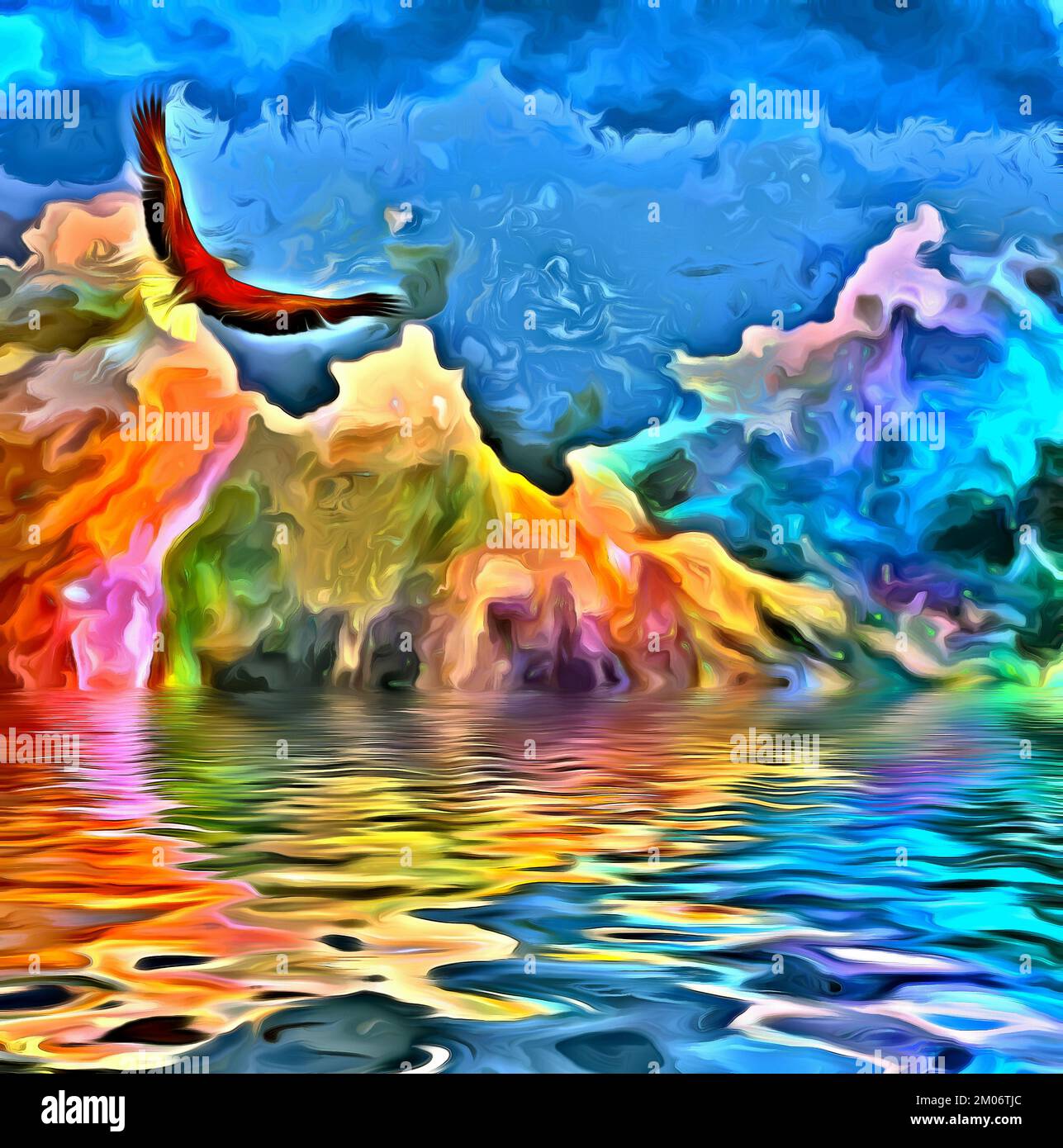 Surreal painting. Eagle flies in colorful sky above water surface. 3D ...