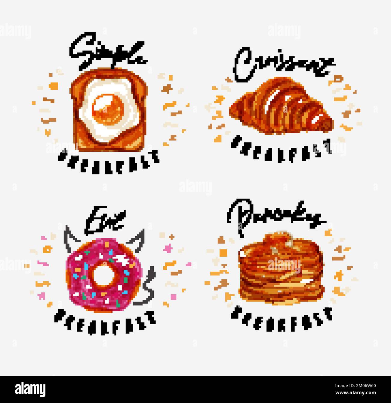 Breakfast set egg and toast, french croissant, sweet donut, pancakes ...