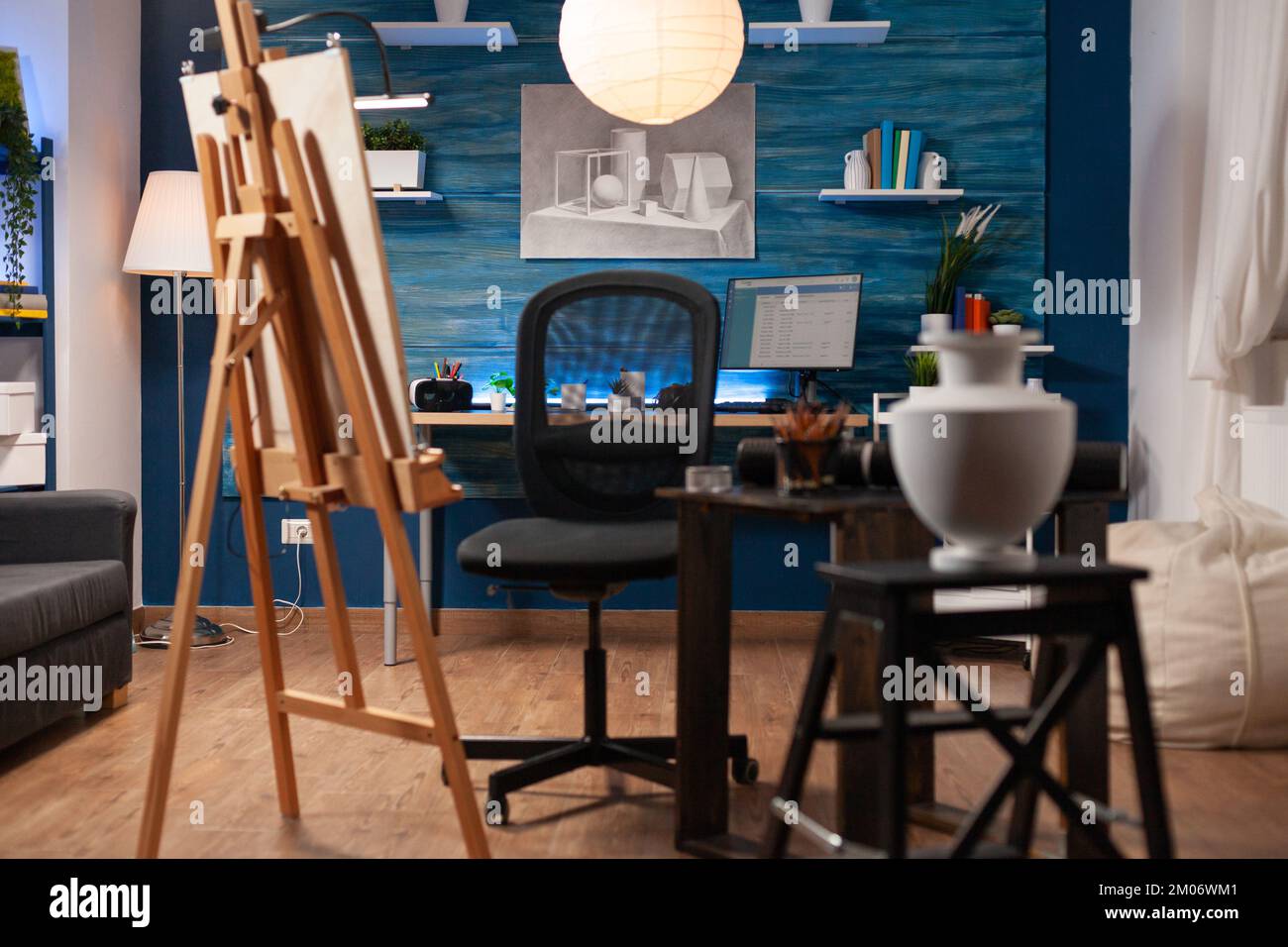 Empty crafts work area inside sketcher lonely apartment. Unused ...