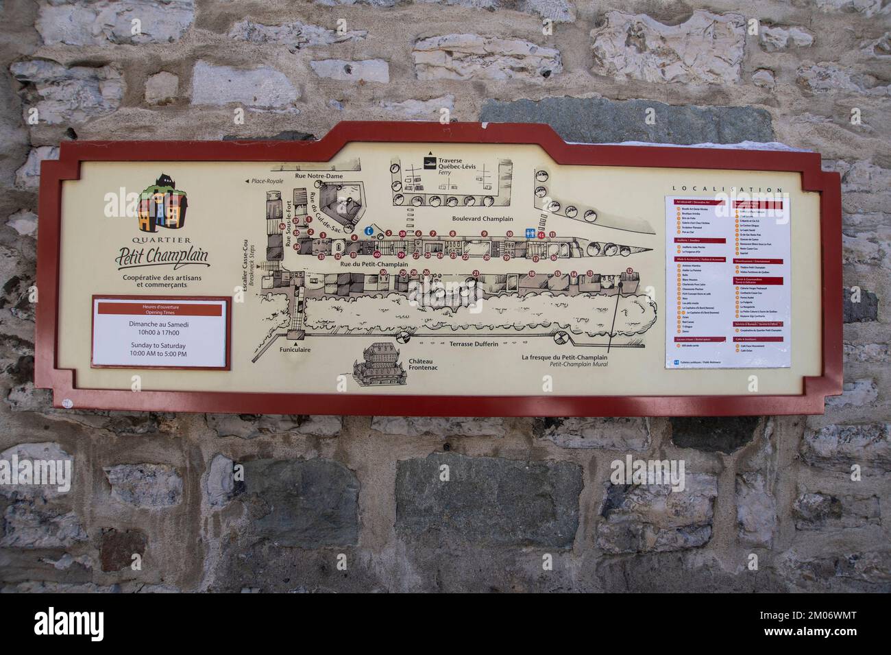Quartier Petit Champlain sign showing map of Le Petit Champlain in ...