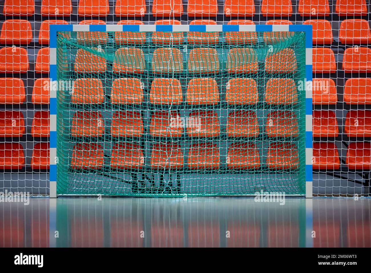 Gate for futsal or handball in gym. Detail of gate frame and net ...