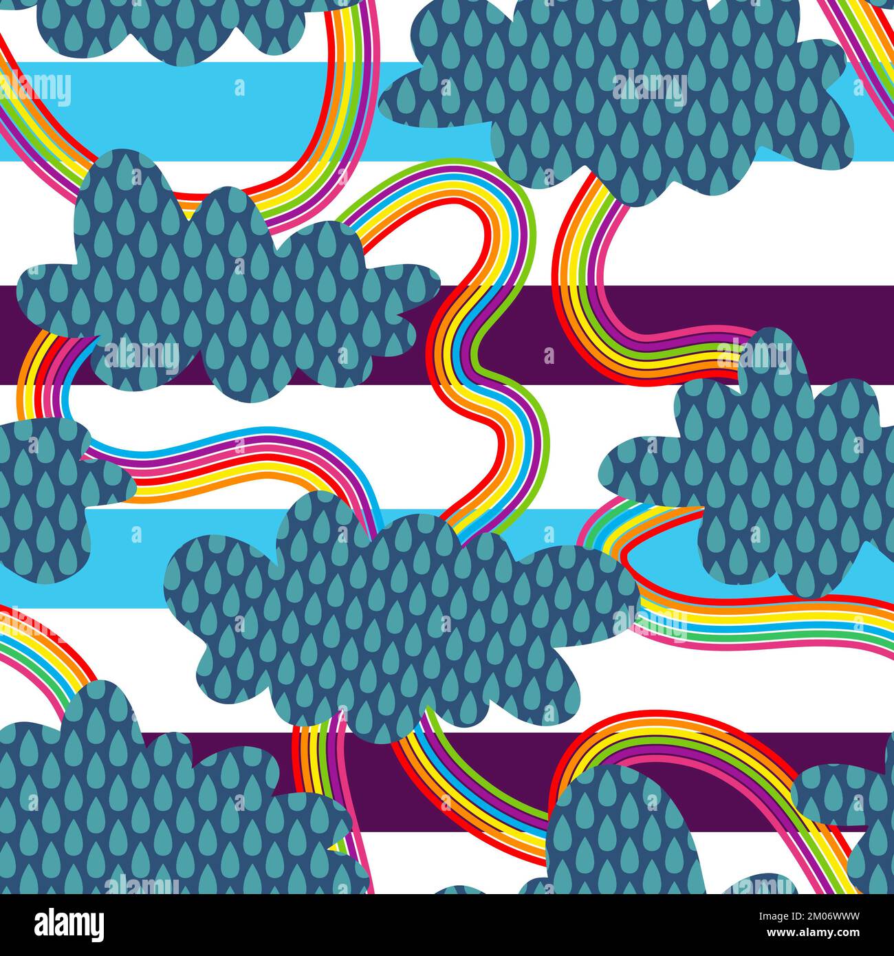 Cartoon rain drops and rainbow and clouds seamless pattern for wrapping ...