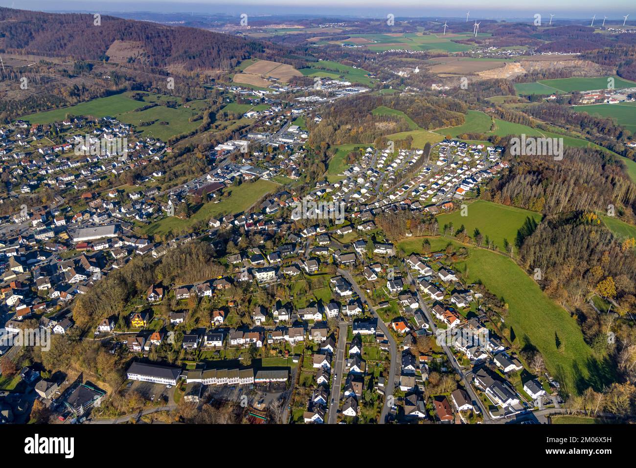 Aerial view, Community Elementary School St. Johannes Balve with town ...