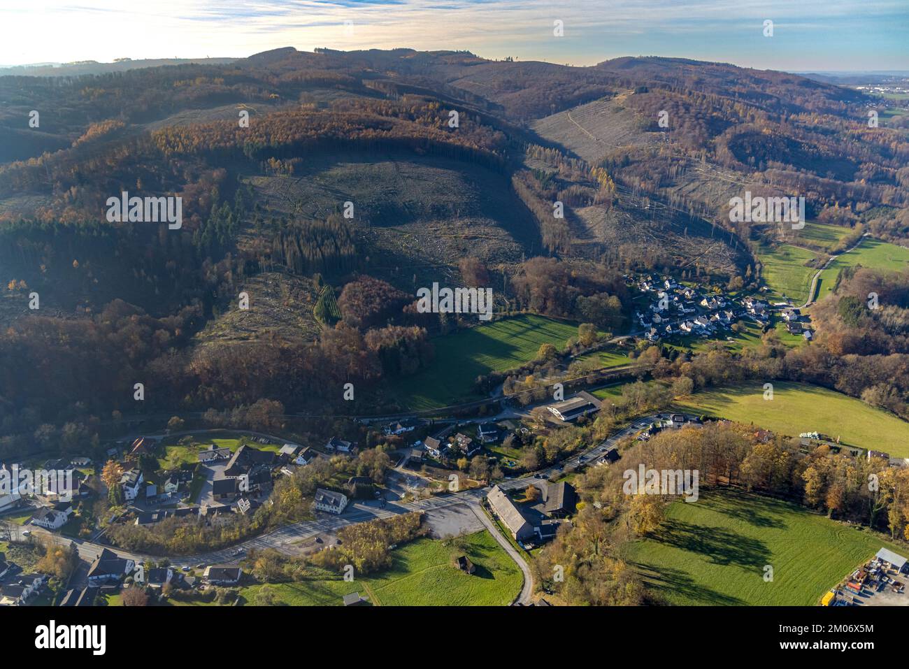 Aerial view, Binoler Berg forest area with forest damage in ...